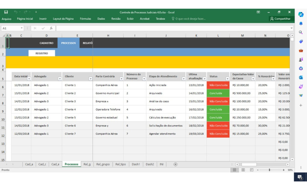 Planilha de Controle de Processos Judiciais – Planilhas Excel
