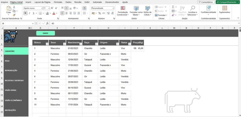 Planilha Excel Controle Gado de Corte e Engorda – Planilhas Excel